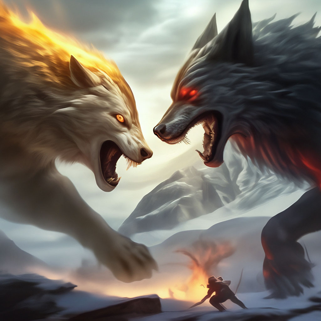 "Fenrir vs Tyr" — image created in Shedevrum
