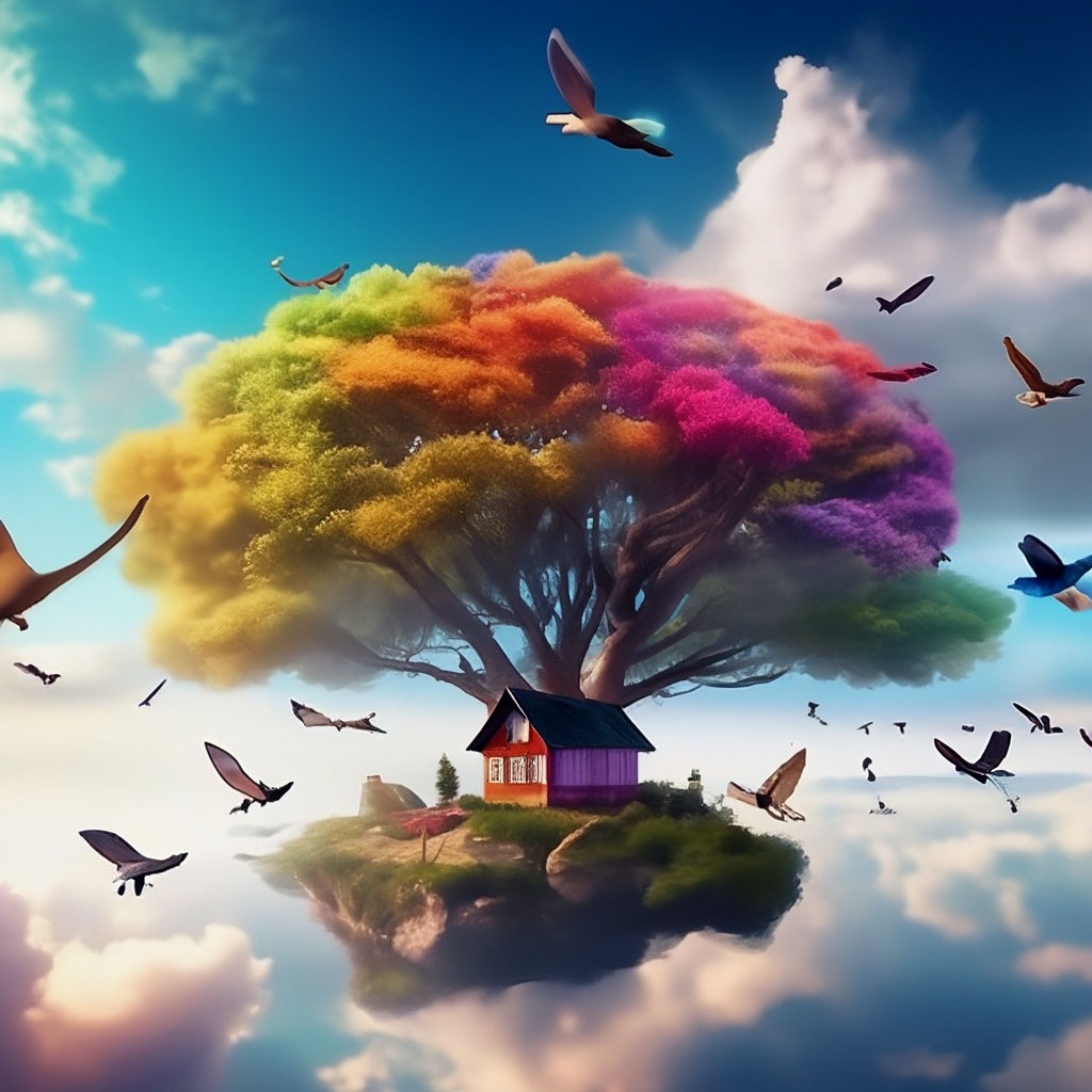 "A flying tree with colorful birds on …" — image created in Shedevrum
