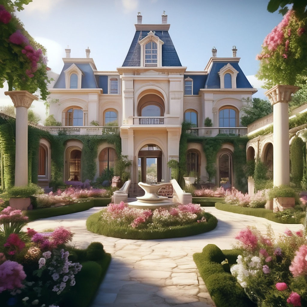 "Romanesque mansion, flower garden, trellises, aesthetically pleasing ...