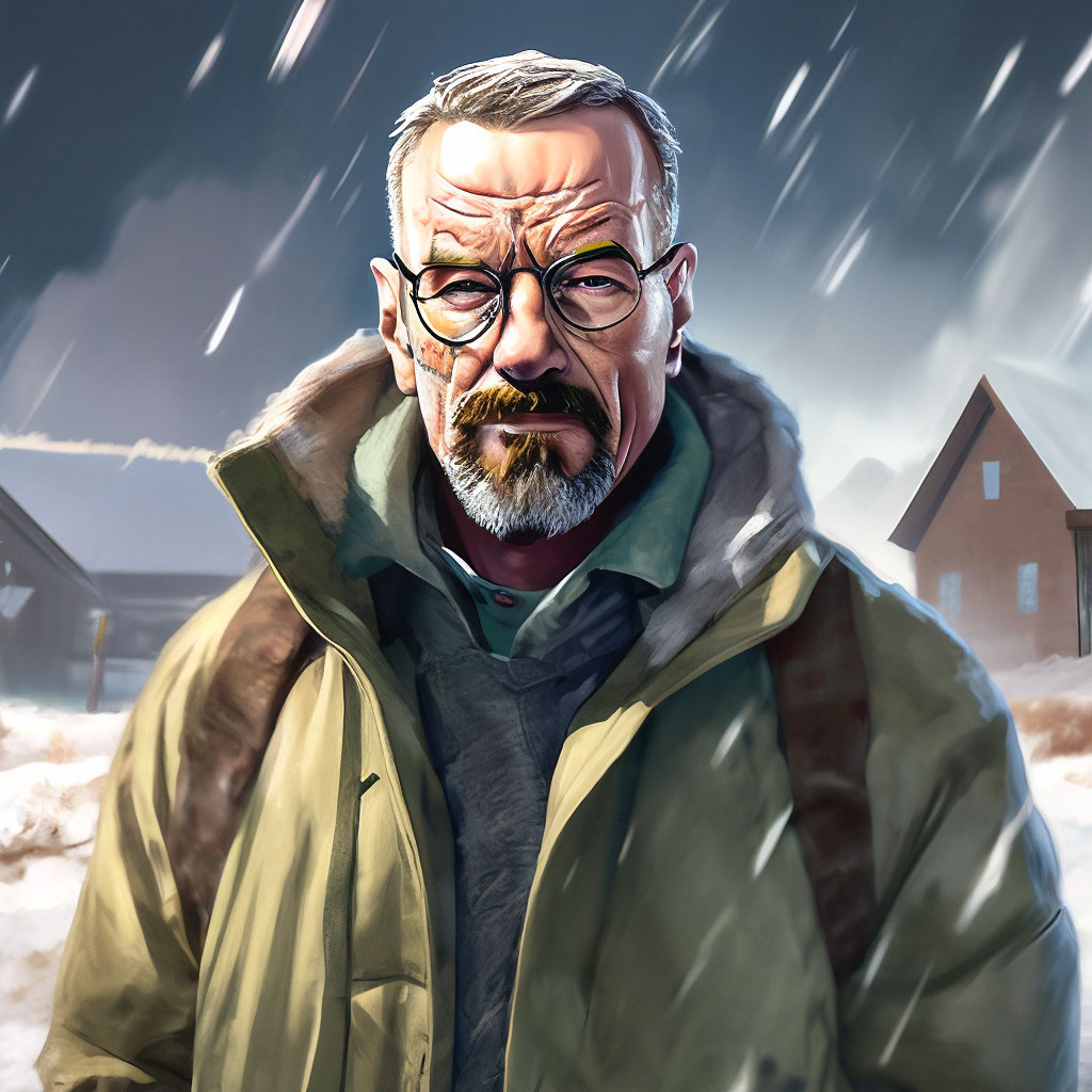 "Old Walter White with a beard and glasses with gray hair in a down ...