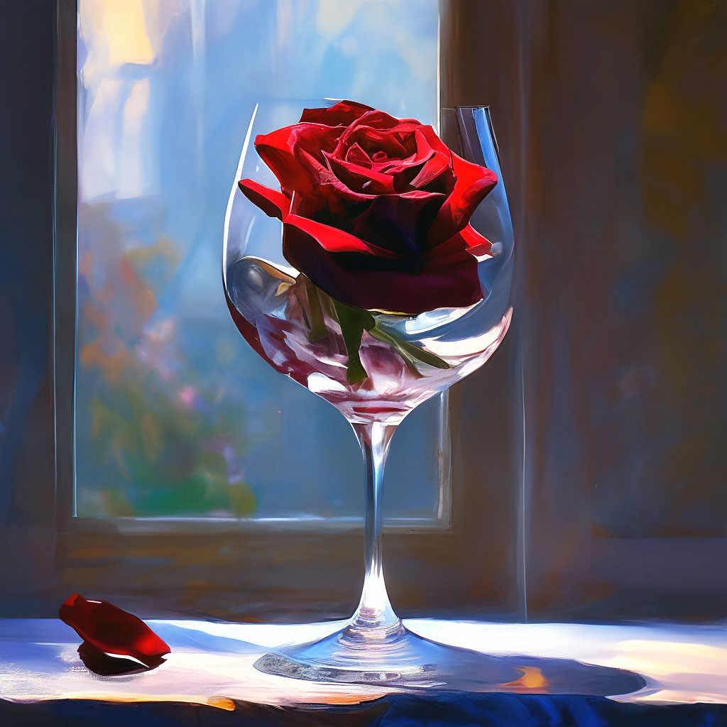"A beautiful rose in a wine glass" — image created in Shedevrum