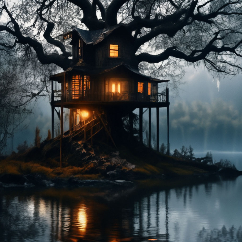 "Treehouse by the lake, dark fantasy, dark botanical, magic forest ...