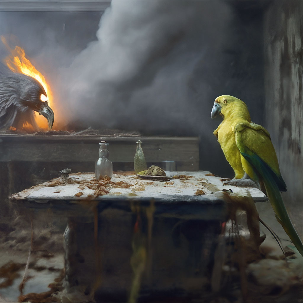 "A body sat frozen forever at the table , a parrot was wandering around ...