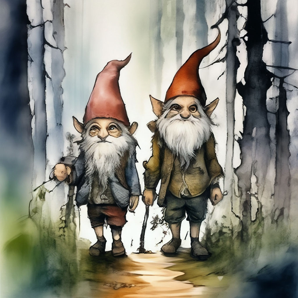 "Two little serious gnomes are walking through the forest ...