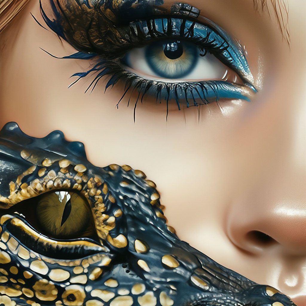 "The girl with the crocodile is high fashion. Makeup. focus on the eyes ...