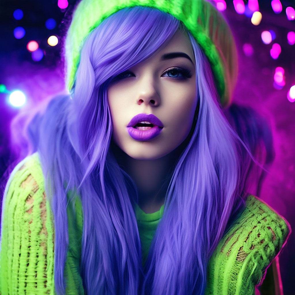 "Glitter filter. Beautiful stylish emo girl with purple long hair ...