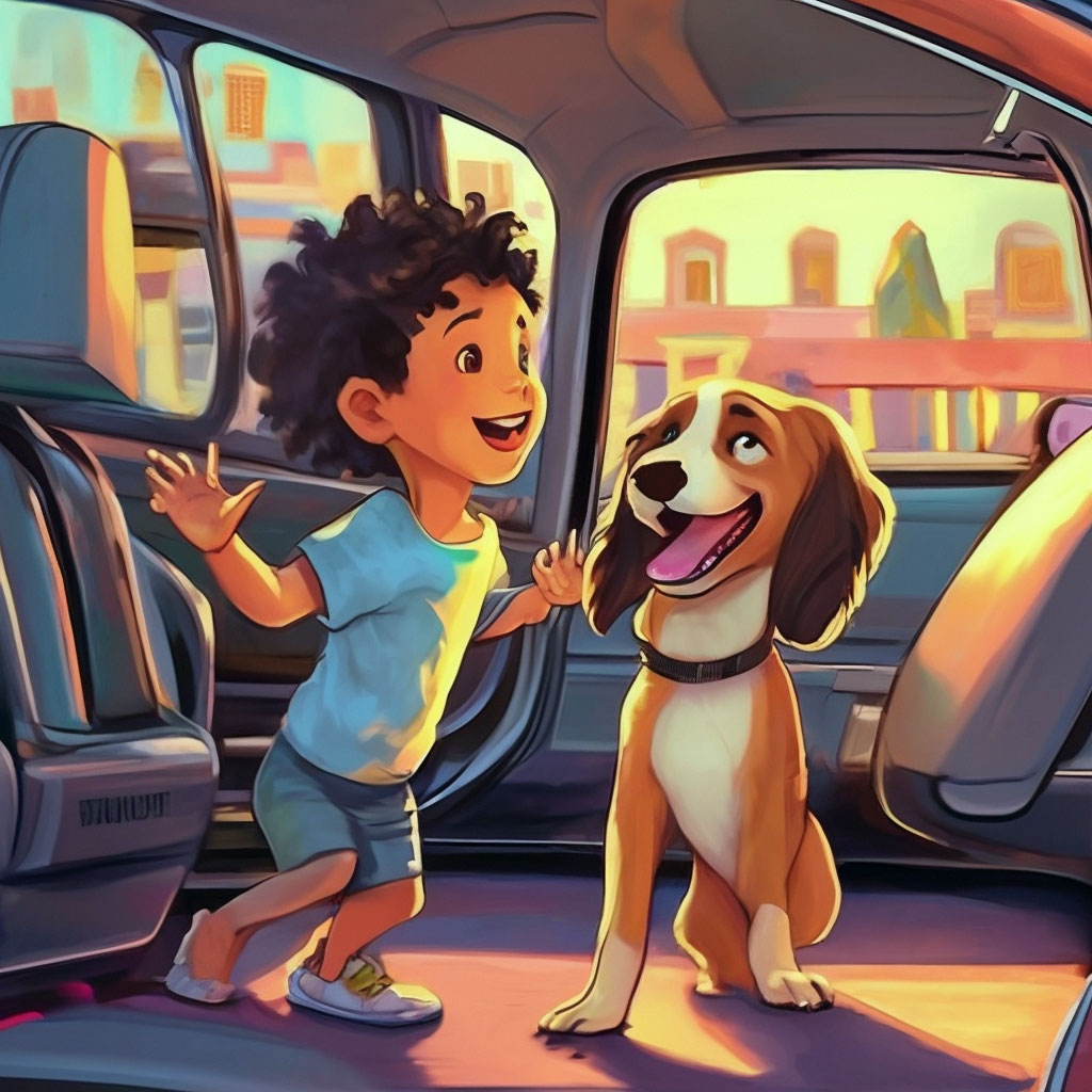 "Cartoon picture The child starts dancing in the car to the music, the ...