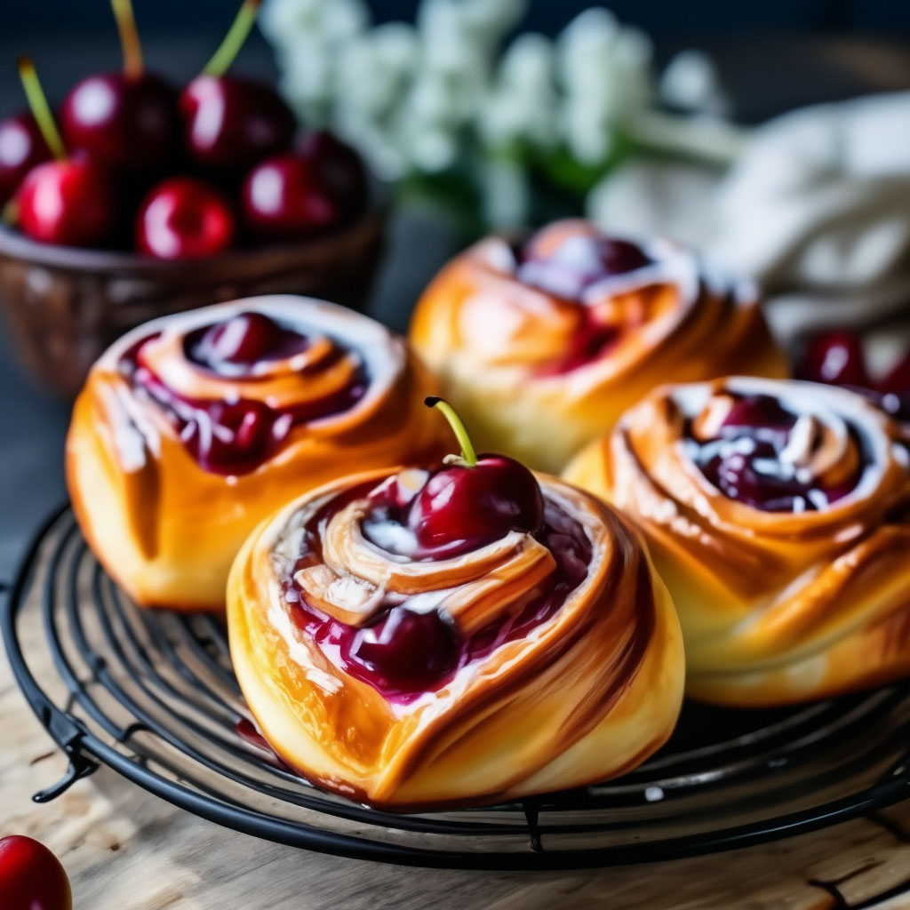 "Delicious cherry buns" — image created in Shedevrum
