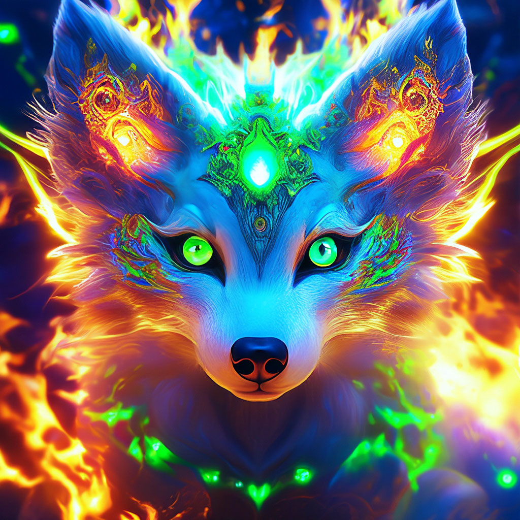 "Surrealism,cute anime dog, consists of fractals, fairy elf, fiery,blue ...
