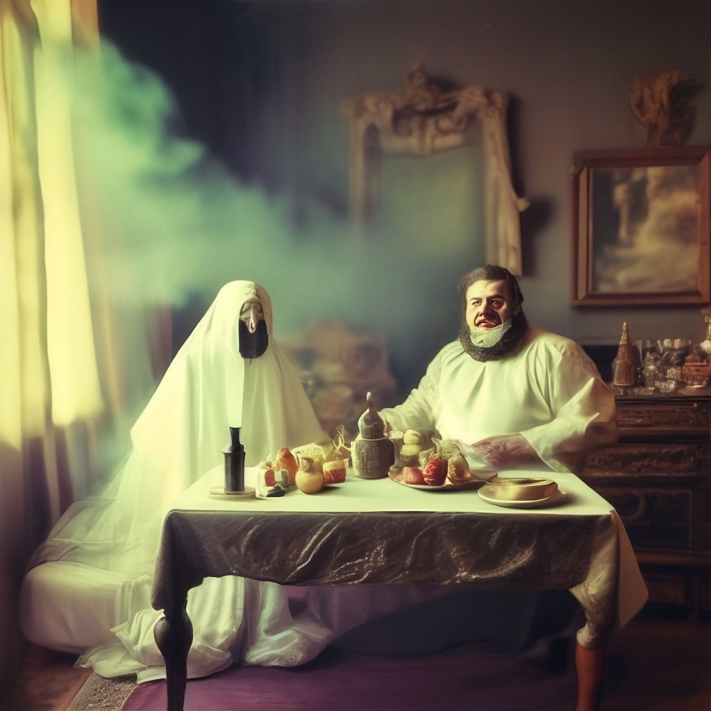 "A dining room with a ghost and a chubby bearded man. 1902. Old photo ...