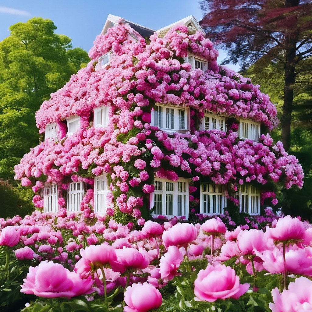 "A house that consists entirely of peonies" — image created in Shedevrum