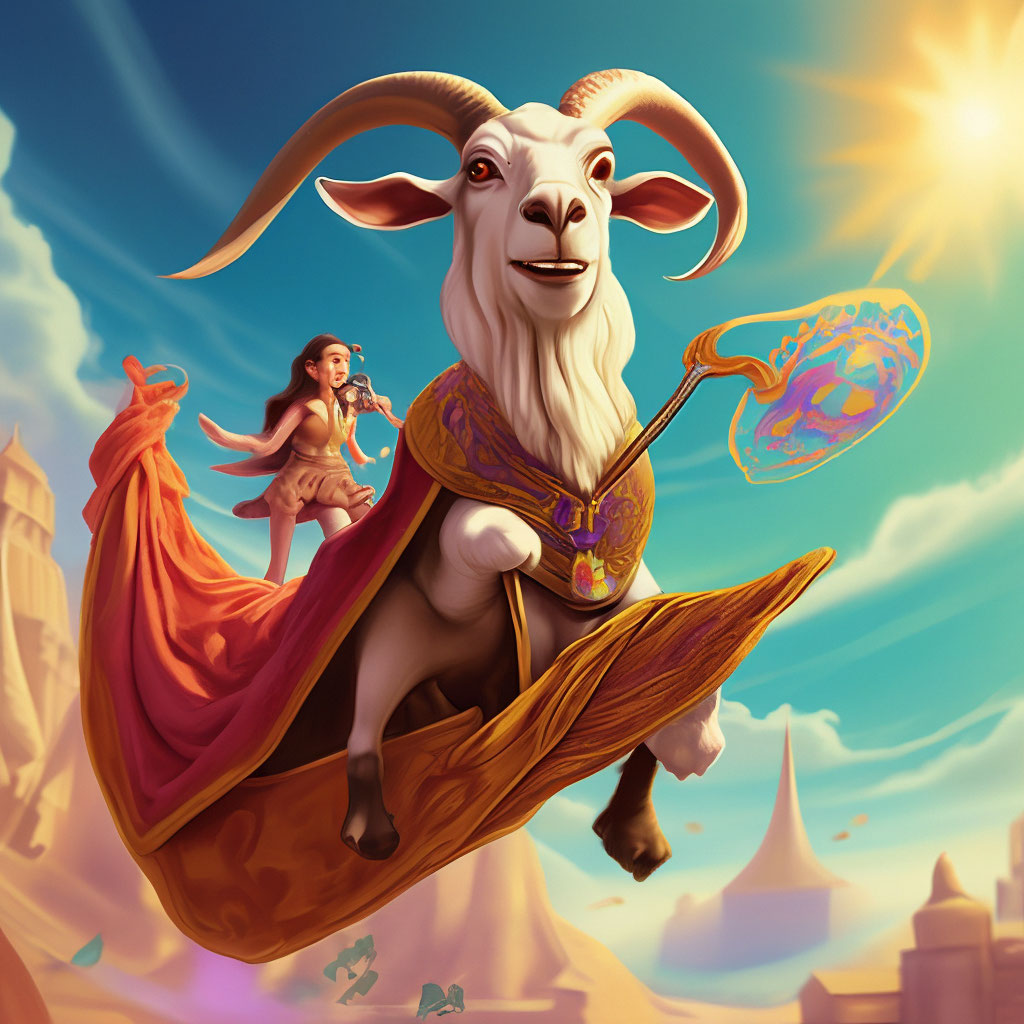 "A goat flies on a magic carpet" — image created in Shedevrum