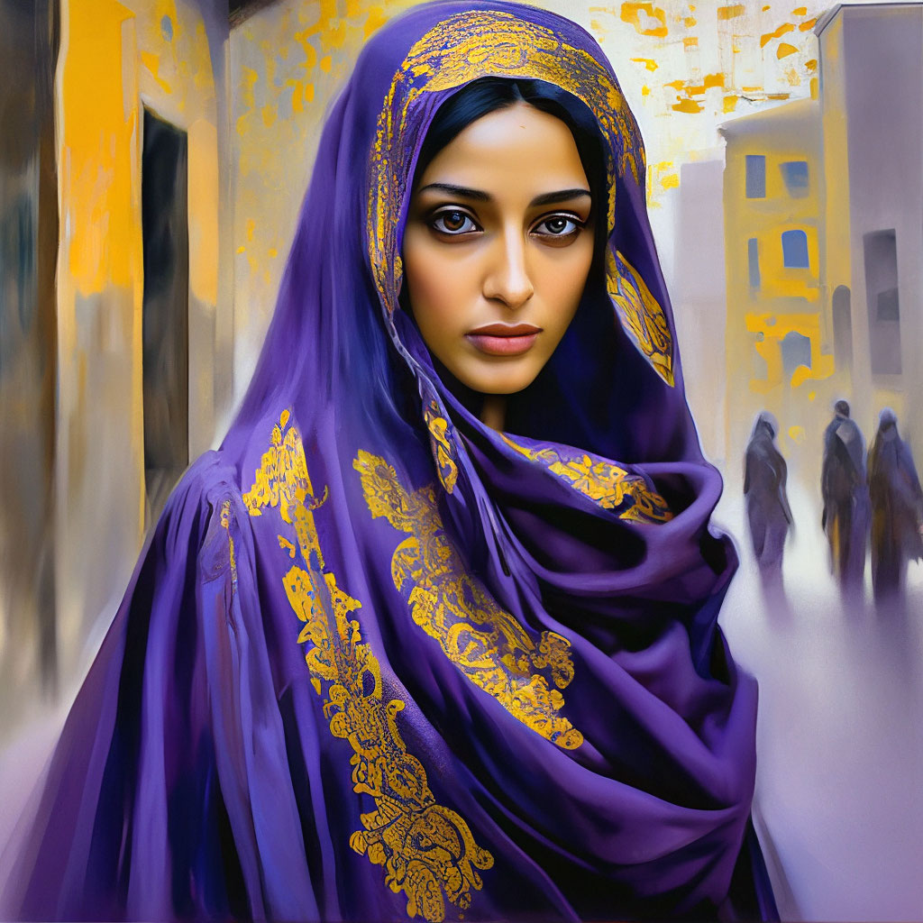 "A woman in a dark purple silk burqa with a golden oriental pattern ...