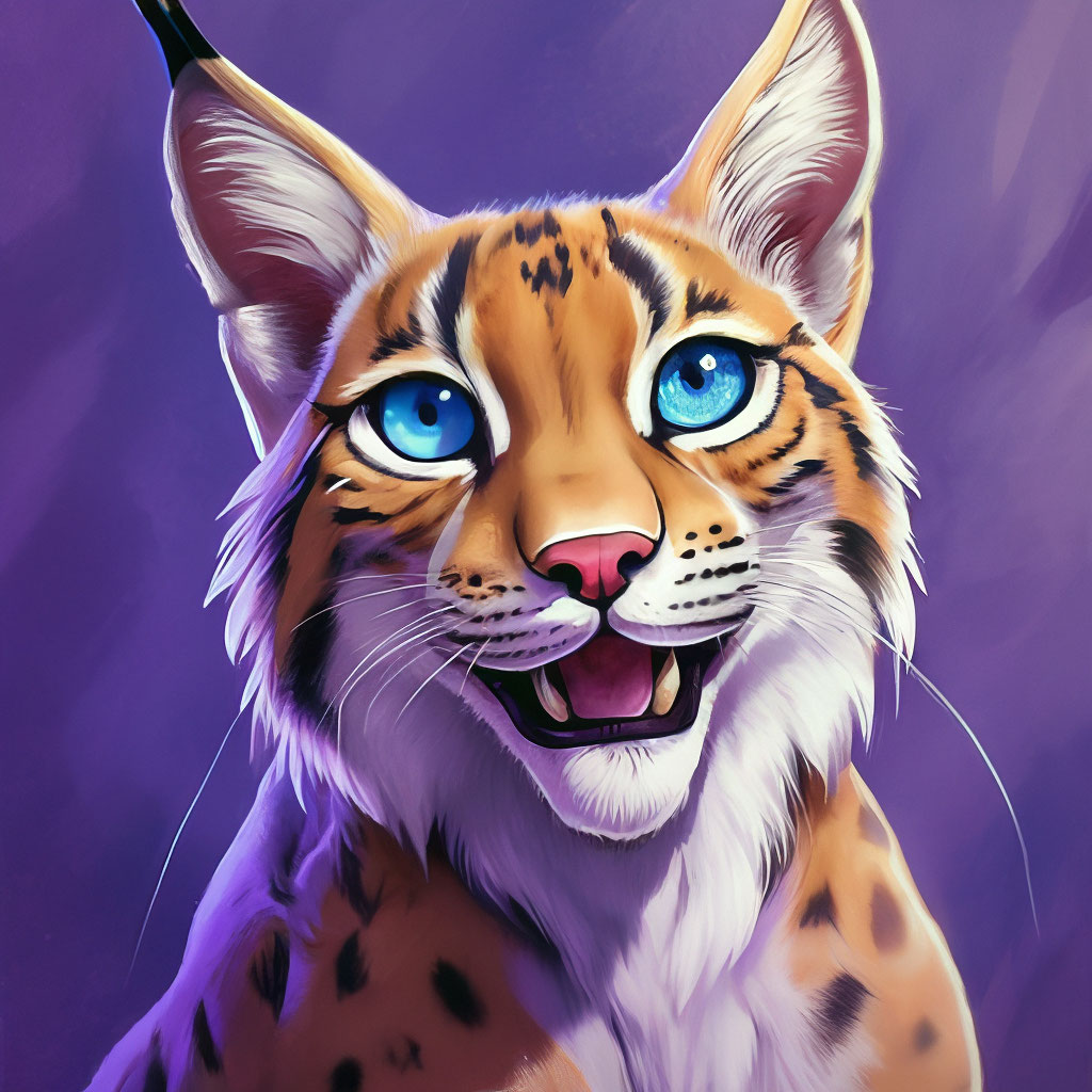 "Cartoon funny bug-eyed purple lynx, smiling, detailed eyes, funny ...