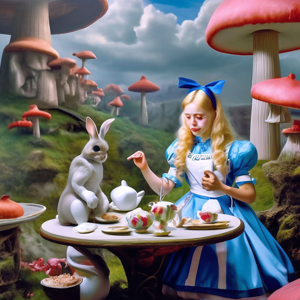 "Alice in Wonderland drinking tea with a rabbit at the table, fabulous ...