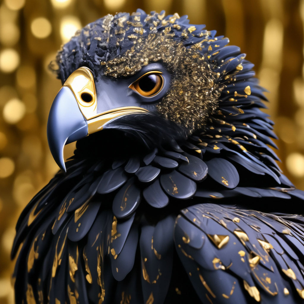 "Black Vulture eagle, detailed fine feathers, fine gold dust on all ...