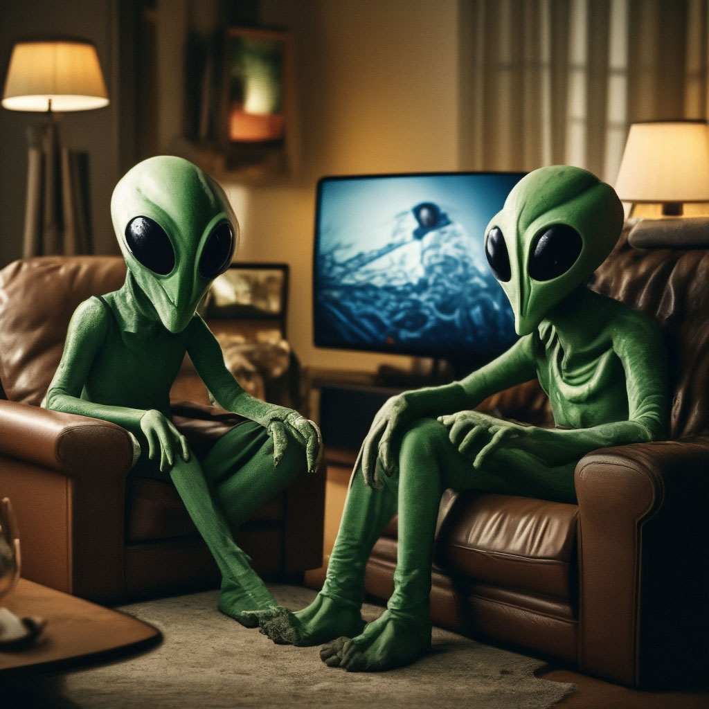 "Aliens watch TV , sitting on the couch" — image created in Shedevrum