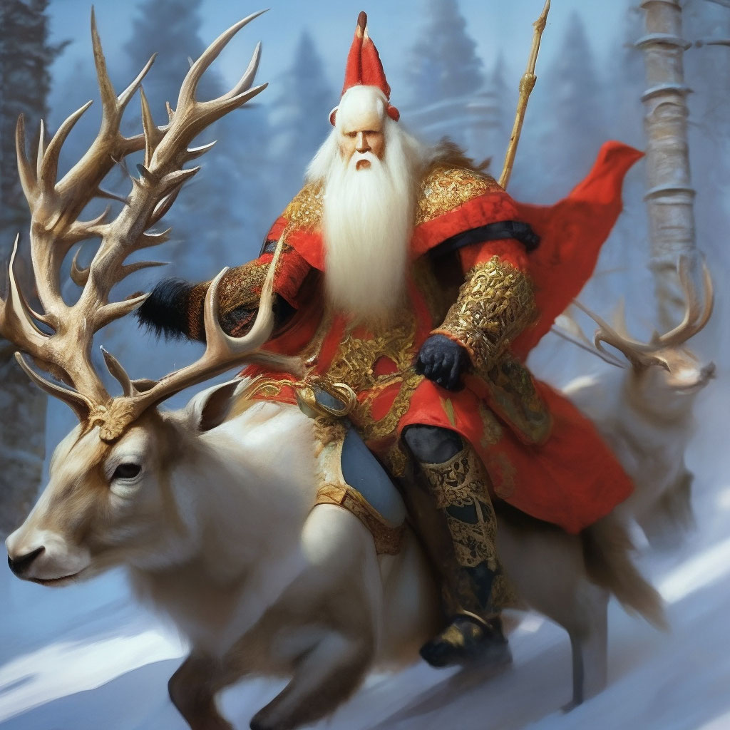 "Det Moroz rides on dormice driven by deer" — image created in Shedevrum
