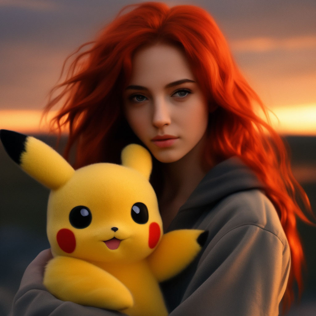 "Realistic photo, a girl with red hair and a fluffy pikachu" — image ...