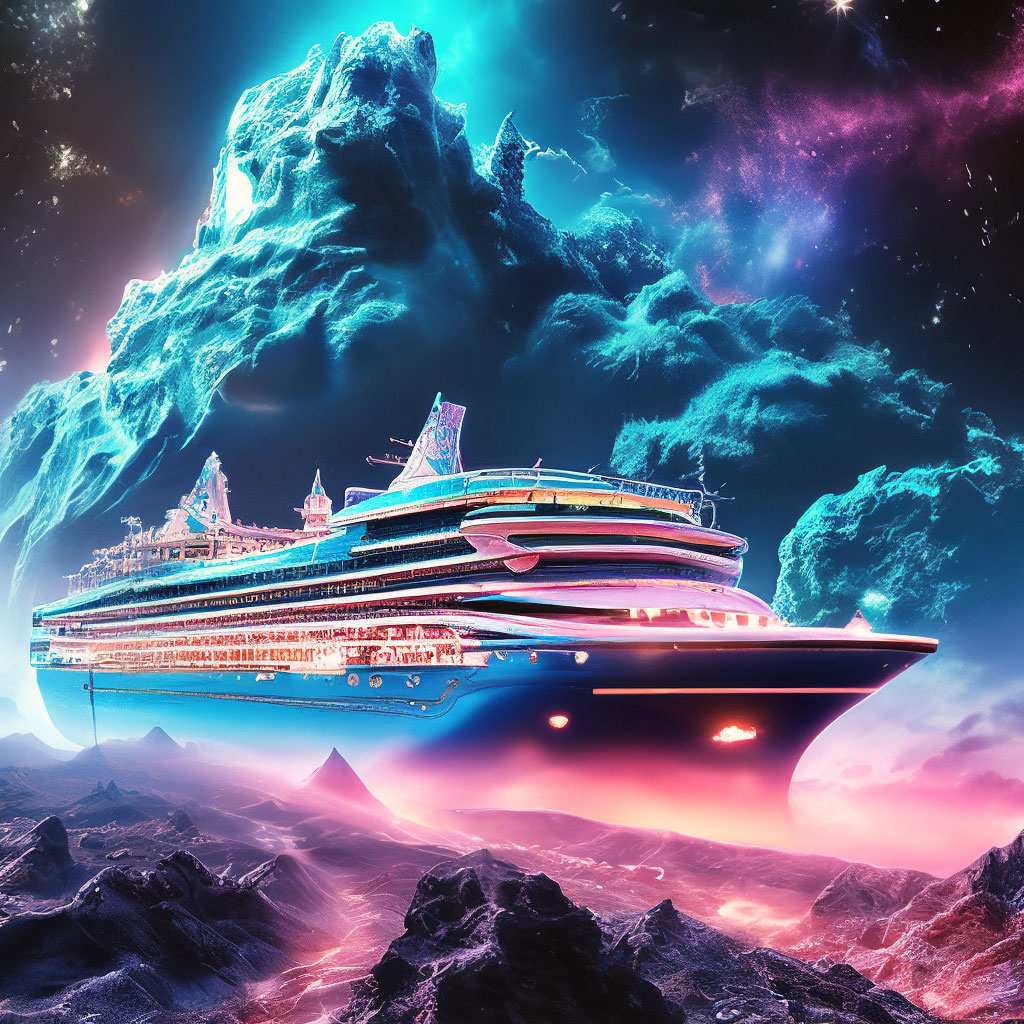 "A huge space cruise ship is sailing through a giant nebula, a plume of ...