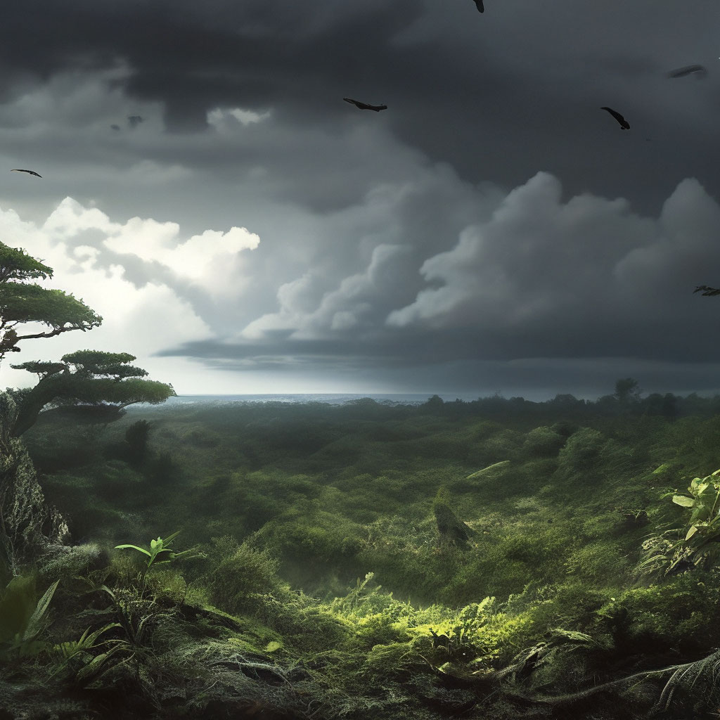 "Landscape,panorama, storm clouds, wild gloomy jungle, dark shores ...