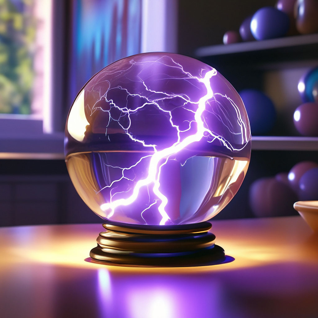"Round glass sphere on a stand on the table, purple lightning bolts ...