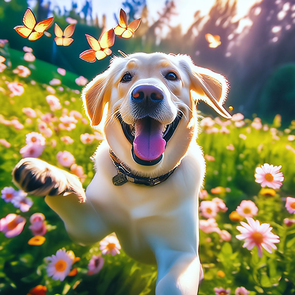 "A beautiful labrador with a protruding tongue and happy eyes jumps ...