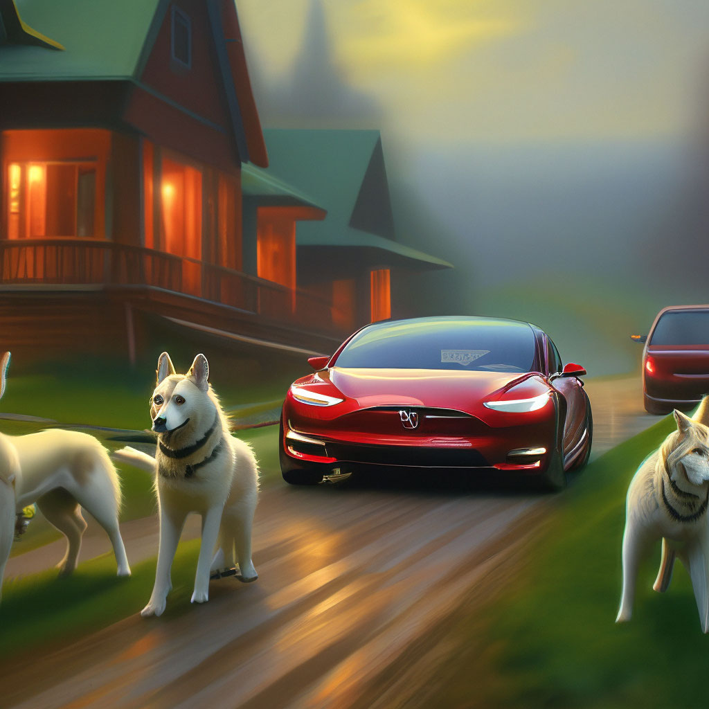 "A red Tesla harnessed to a dog sled on husky dogs rides along a ...