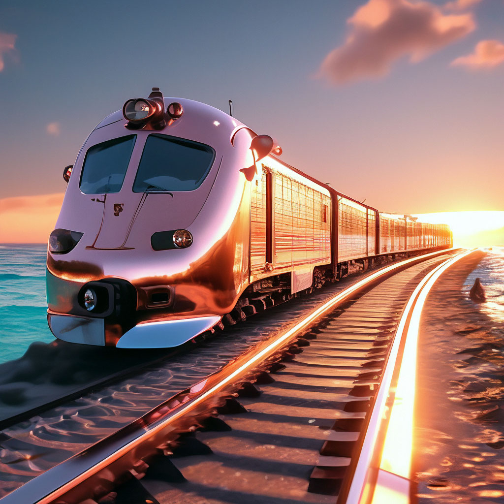 "Ocean, a railway track passes through it, a cute shiny train rides ...