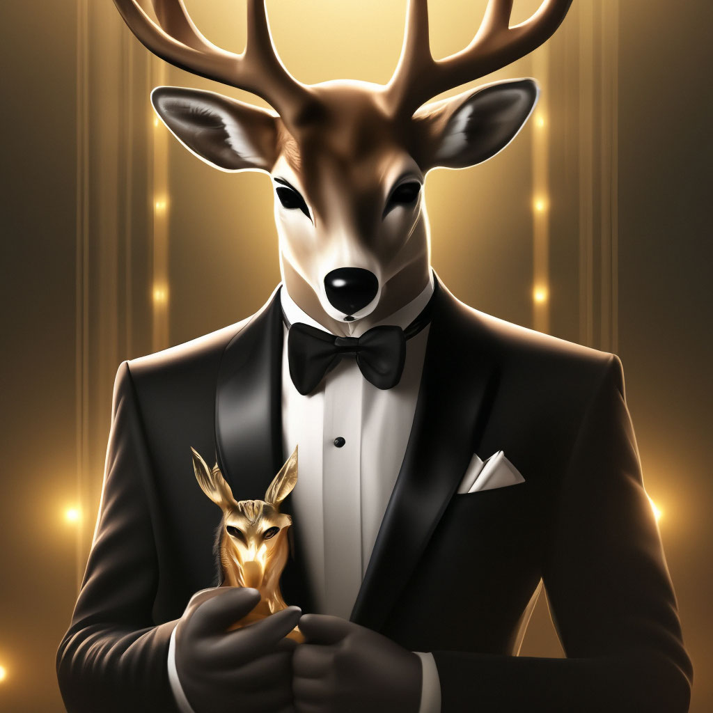 "A beautiful anthropomorphic deer-a man in a black tuxedo stands on ...