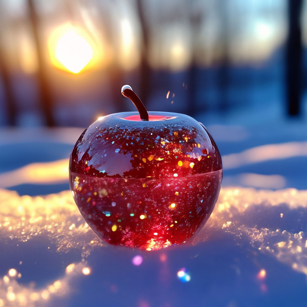 "Crystal shiny glass apples in the snow, at dawn. Hyperrealism. Hyper ...