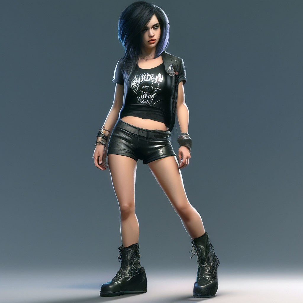 "Rock girl, beautiful slender,stylish bold, in black short shorts ...