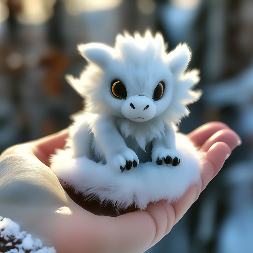 "Tiny sly, fluffy, shaggy, winter dragon in the palm of your hand, with ...