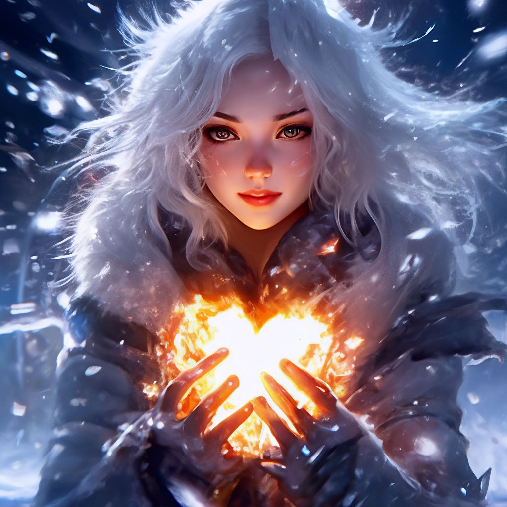 "A flaming heart in the chest of a beautiful ice girl, around it is ...
