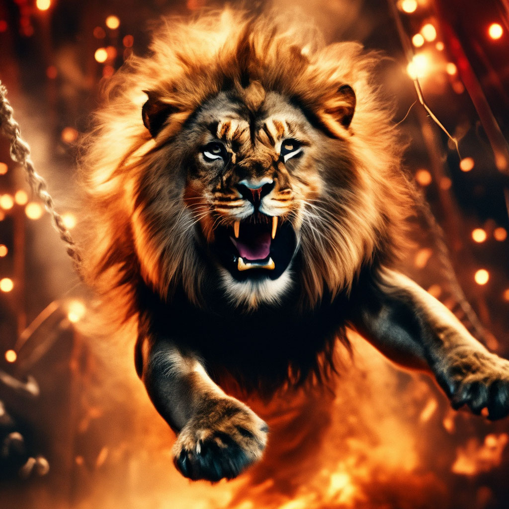 "A lion jumps through a fiery hoop, all the people in the circus are ...
