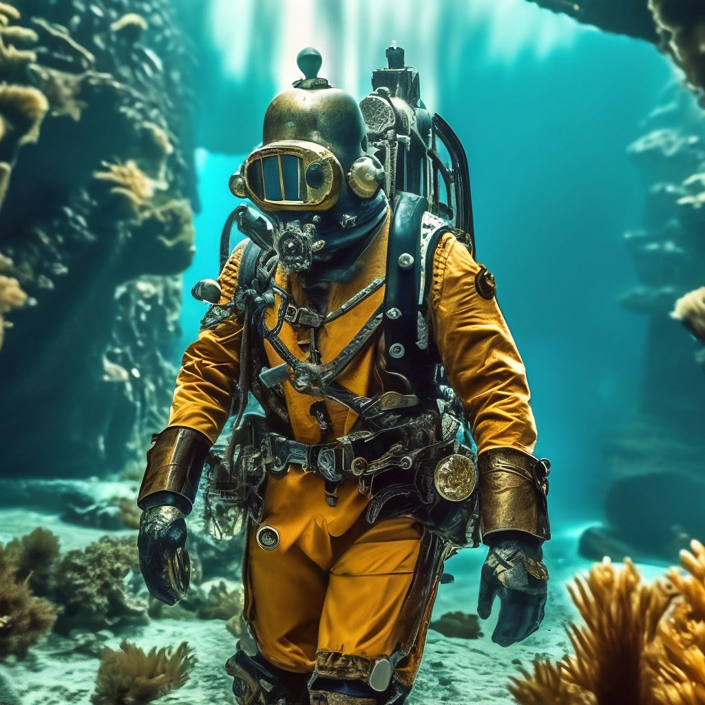 "A diver in an old retro diving suit walks along the seabed, Steam punk ...