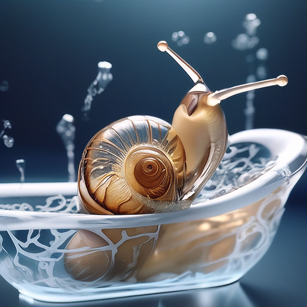 "Transparent snail in a transparent bath, toilet, steam, water splashes ...