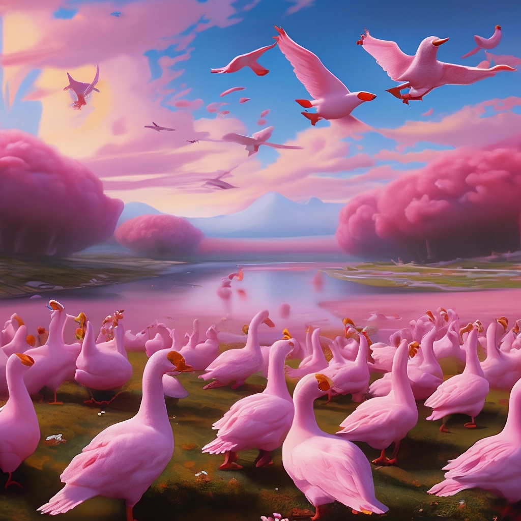 "Planet of the pink geese" — image created in Shedevrum
