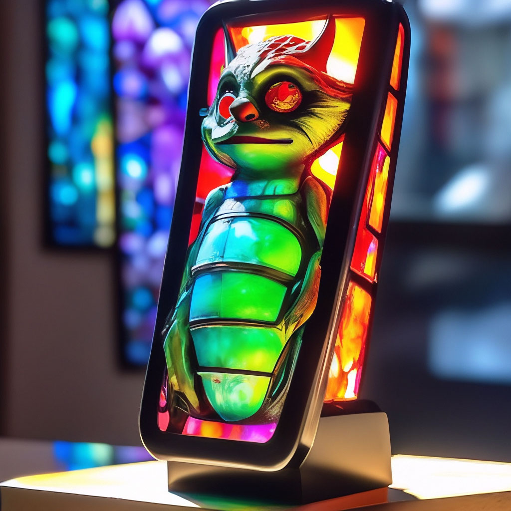 "A statuette...colored stained glass......The anthropomorphic creep ...