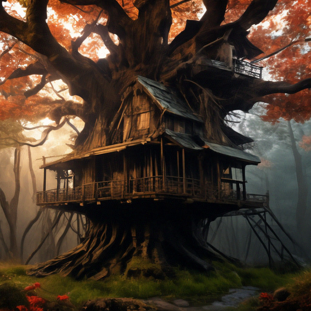 "A fabulous dilapidated house on a huge tree" — image created in Shedevrum