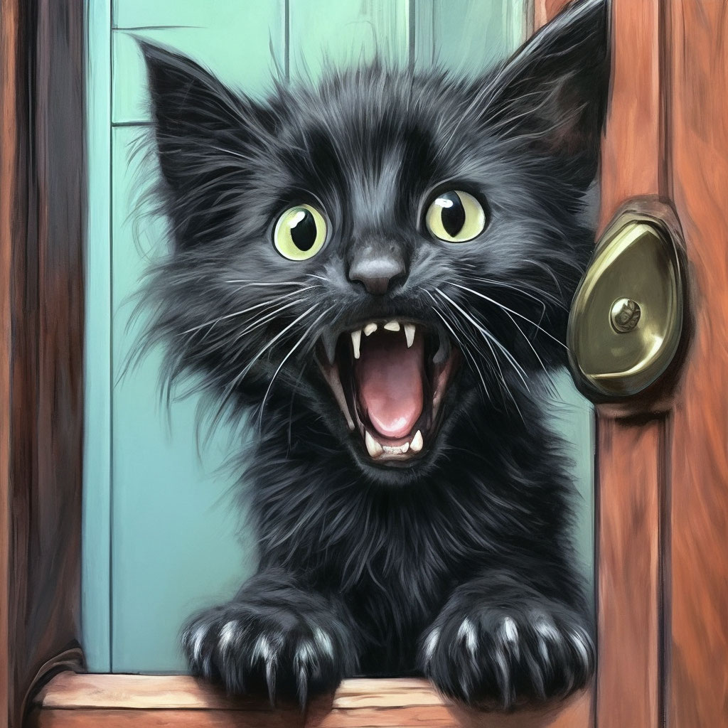 "Kitten Smack , cartoon, bottom view, disheveled sad black kitten with ...