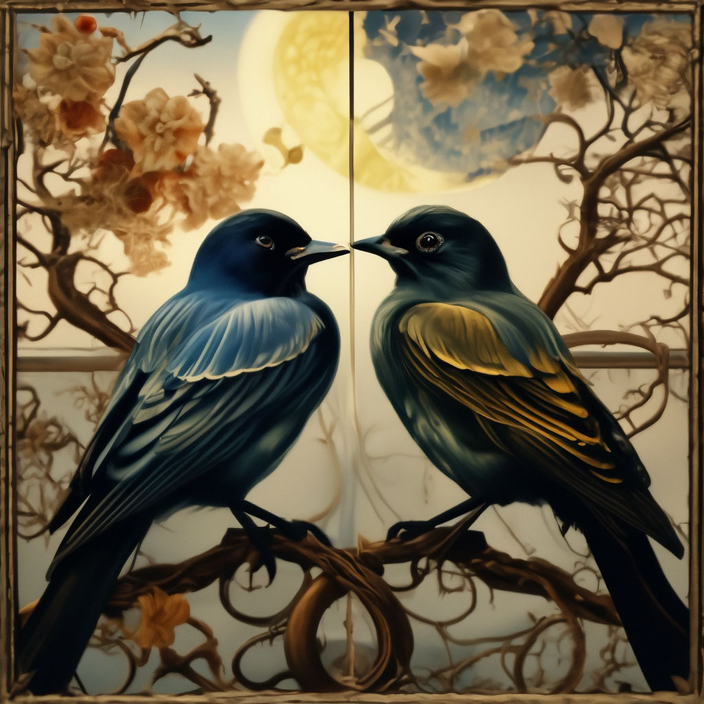 "Day and night in the image of birds, intertwining with strings ...