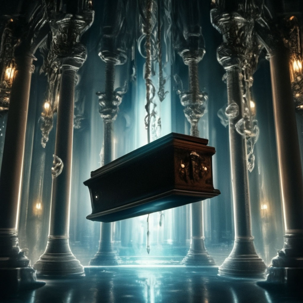 "The coffin swings crystal On chains between the pillars. The crystal ...