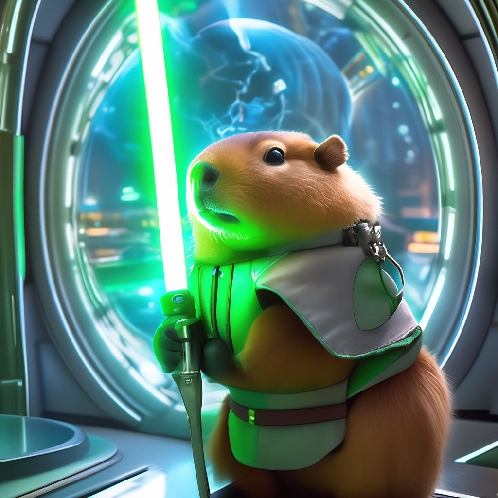 "Capybara Jedi with a green lightsaber, in a Space coredar with giant ...