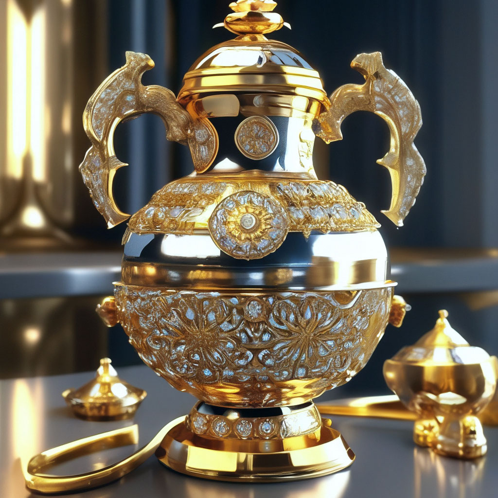"Golden samovar with medals diamonds 4K 128P 9K 3D Real photo Hyperbole ...