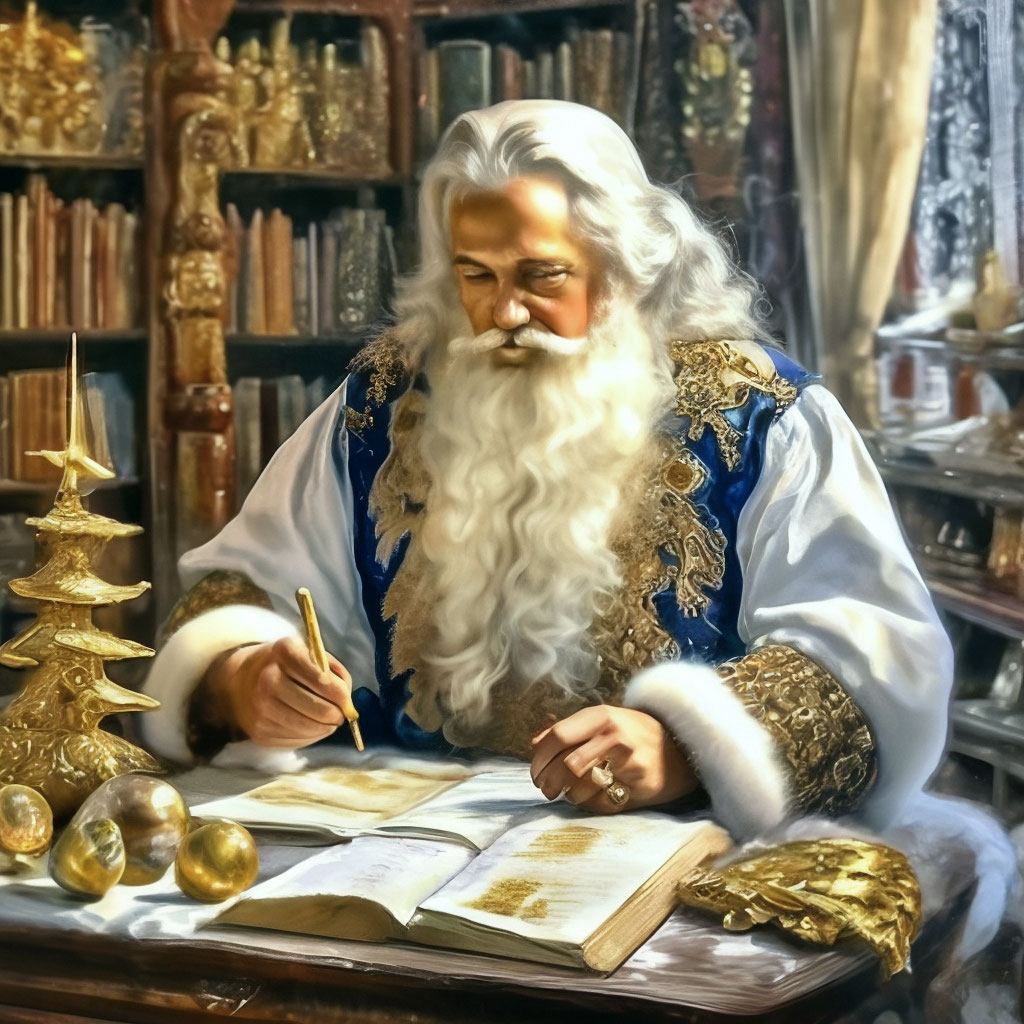 "Watercolor, drawing, Russian Santa Claus writer, writing a book at a ...