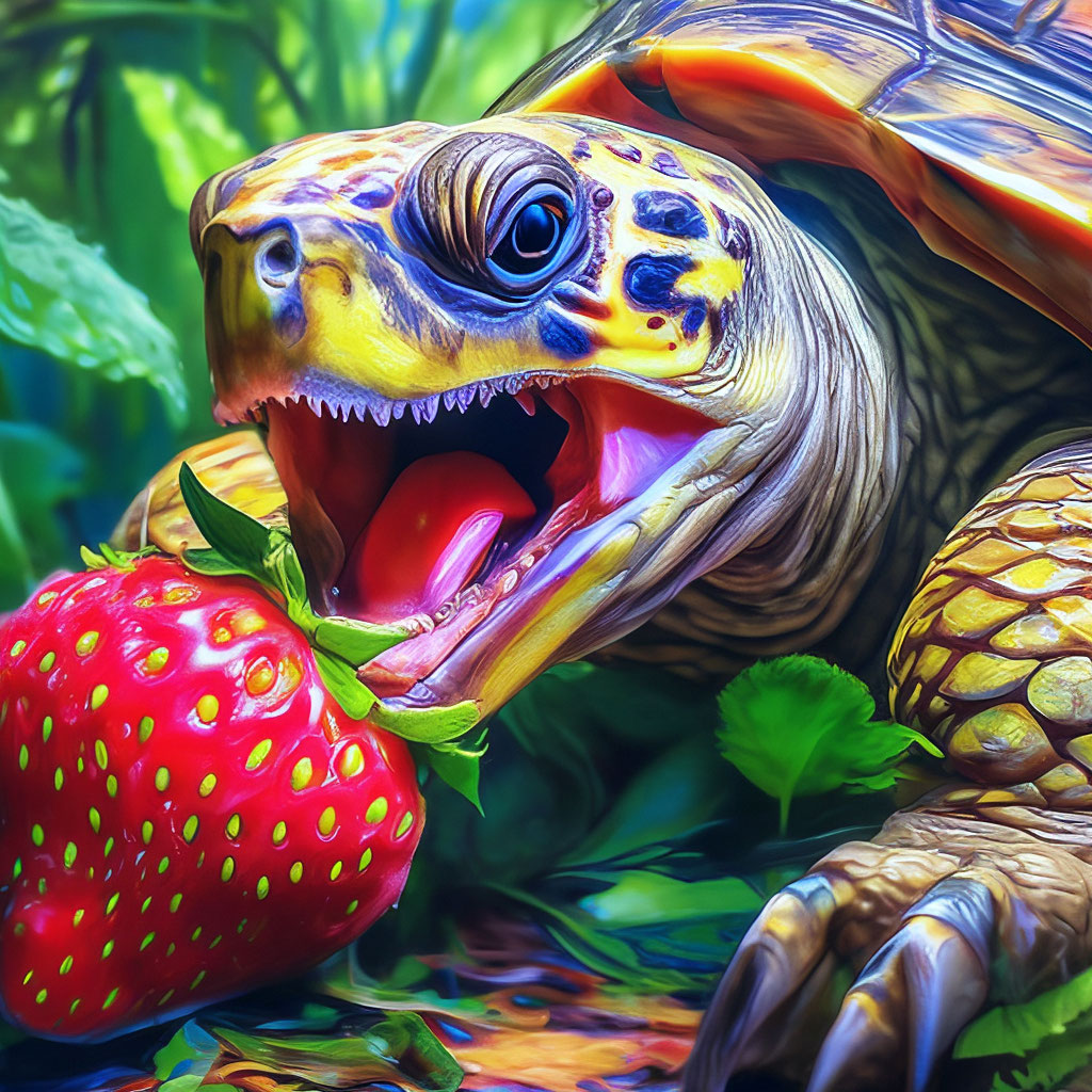 "Masterpiece, The aggressive turtle biting into the strawberry, jungle ...
