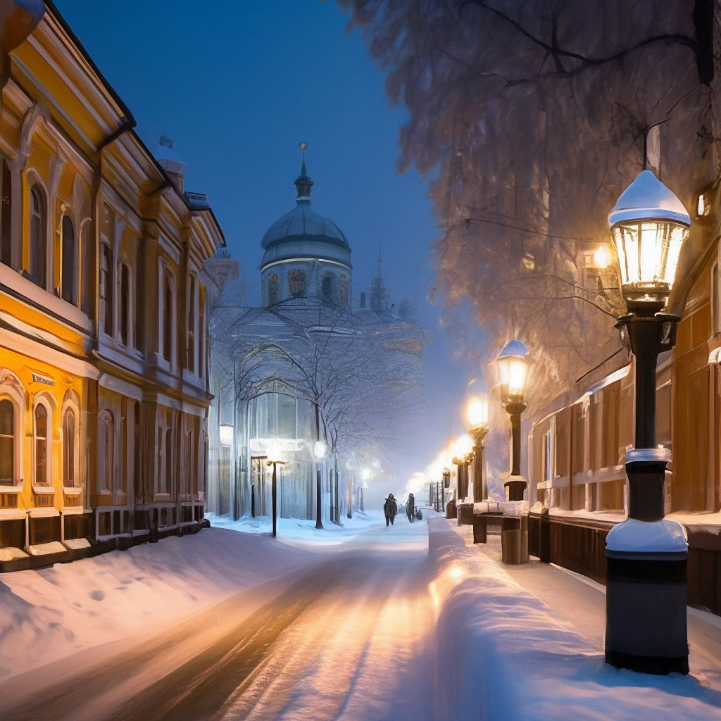 "Night, street, lantern, it's snowing, Russian winter" — image created ...