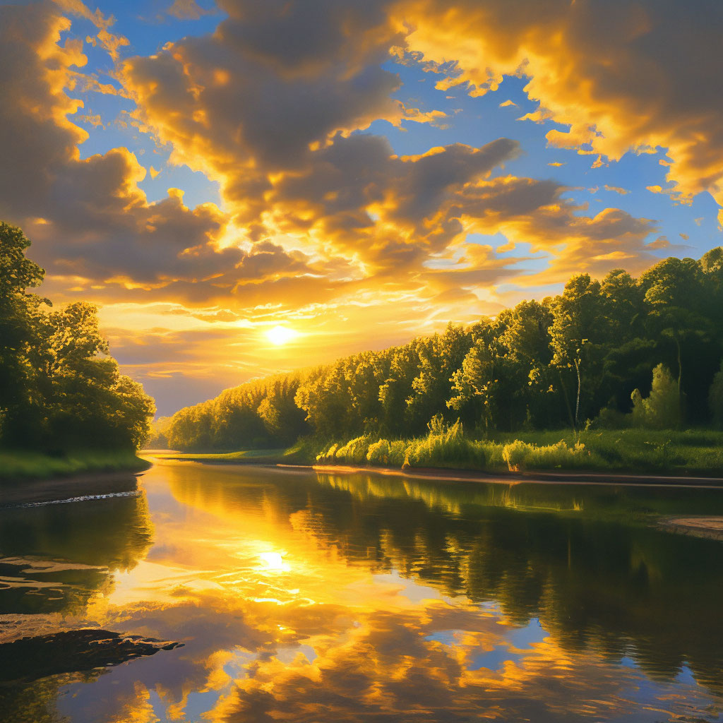 "Big river beyond the river forest in the sky glowing golden clouds in ...