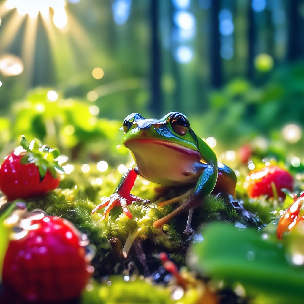 "A forest clearing overgrown with strawberries. in the center is a cute ...